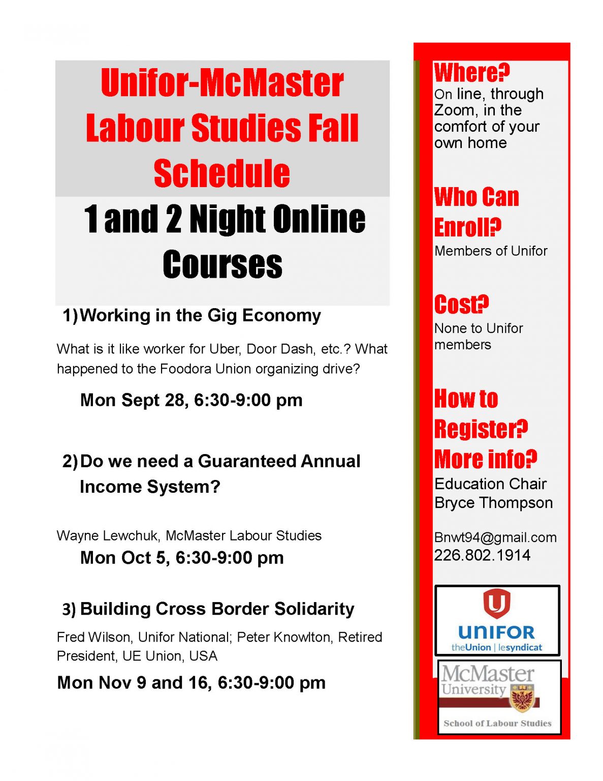McMaster Labour Studies Fall Courses – Unifor 707