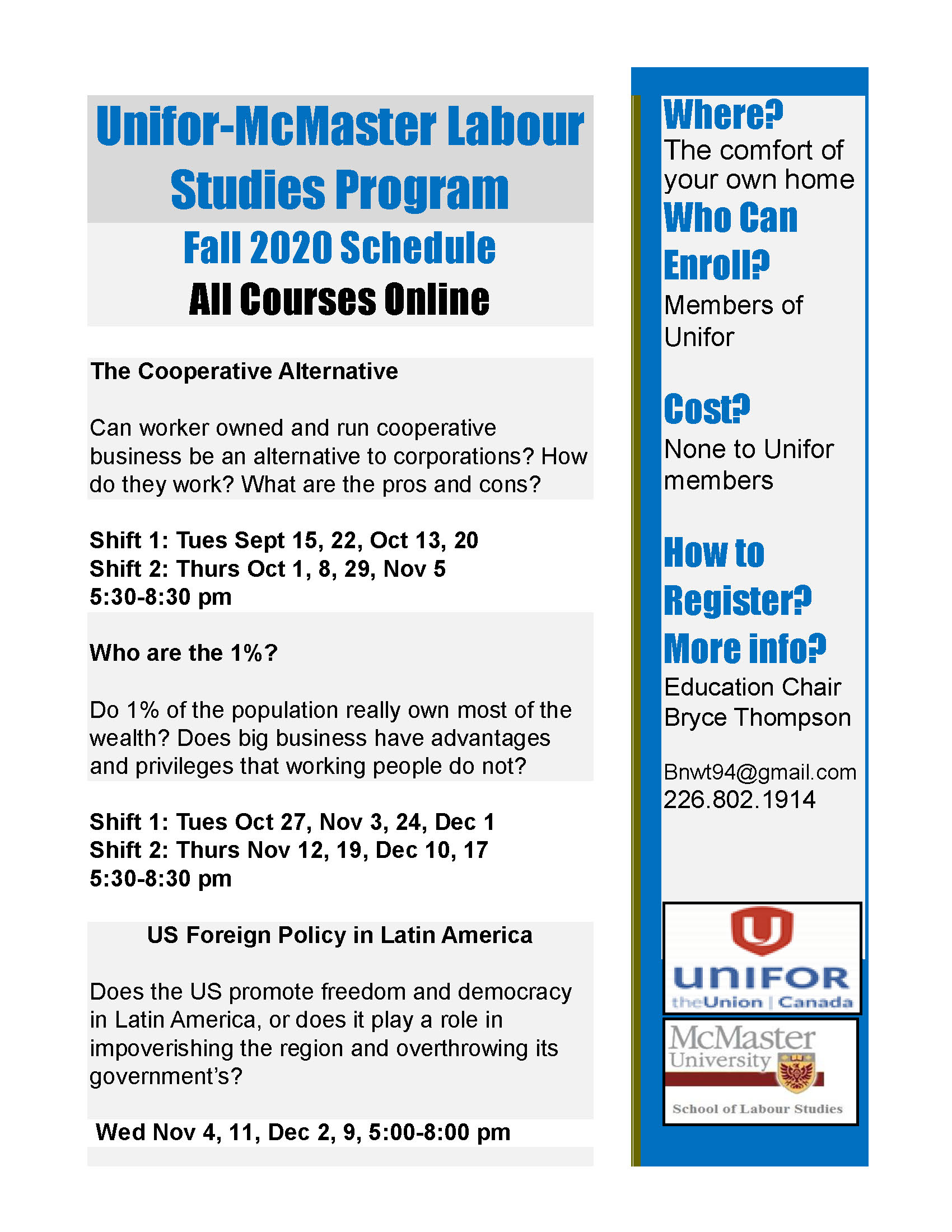 McMaster Labour Studies Fall Courses – Unifor 707