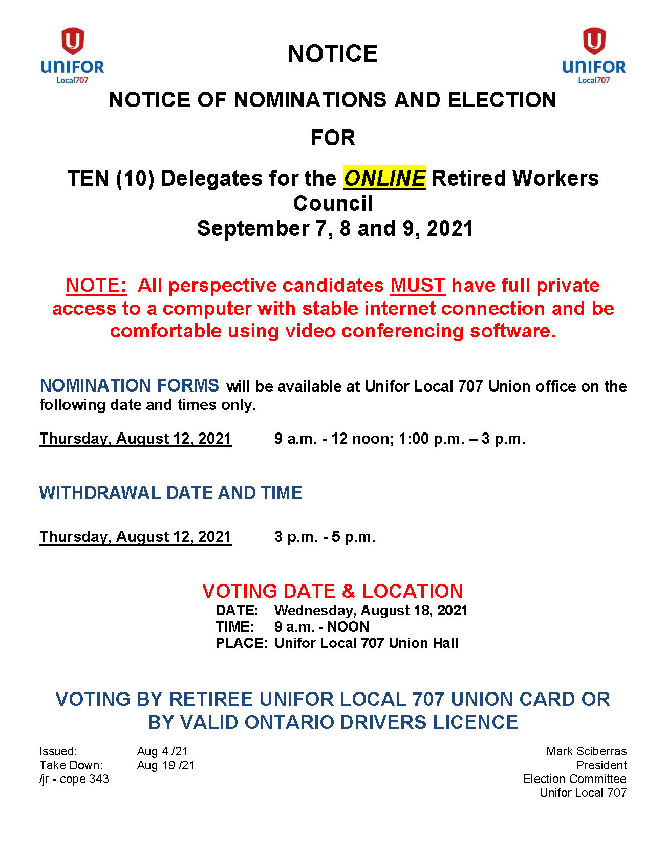 Retired Workers Council Election Notice of Nominations – Unifor 707