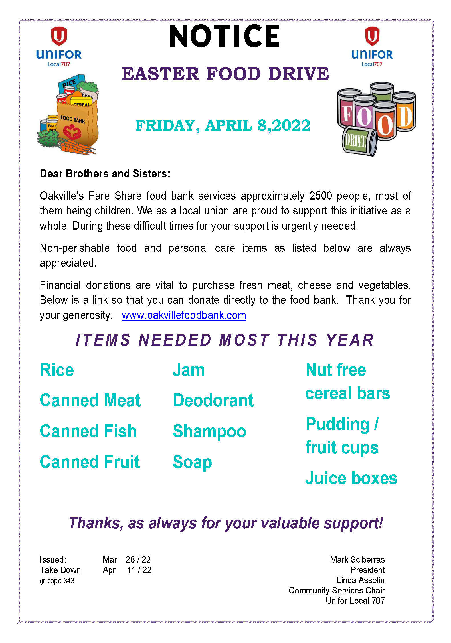 Easter Food Drive Friday April 8, 2022 – Unifor 707