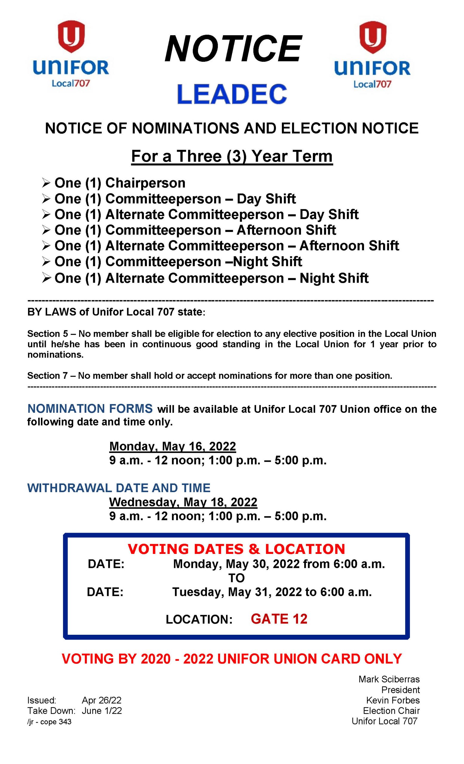 Election Notice – Leadec Triennial Leadership Elections – Unifor 707