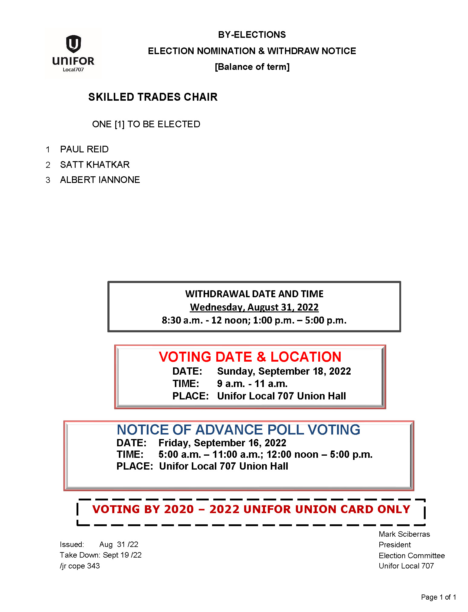 Election Nomination Notice-Skilled Trades Chairperson – Unifor 707
