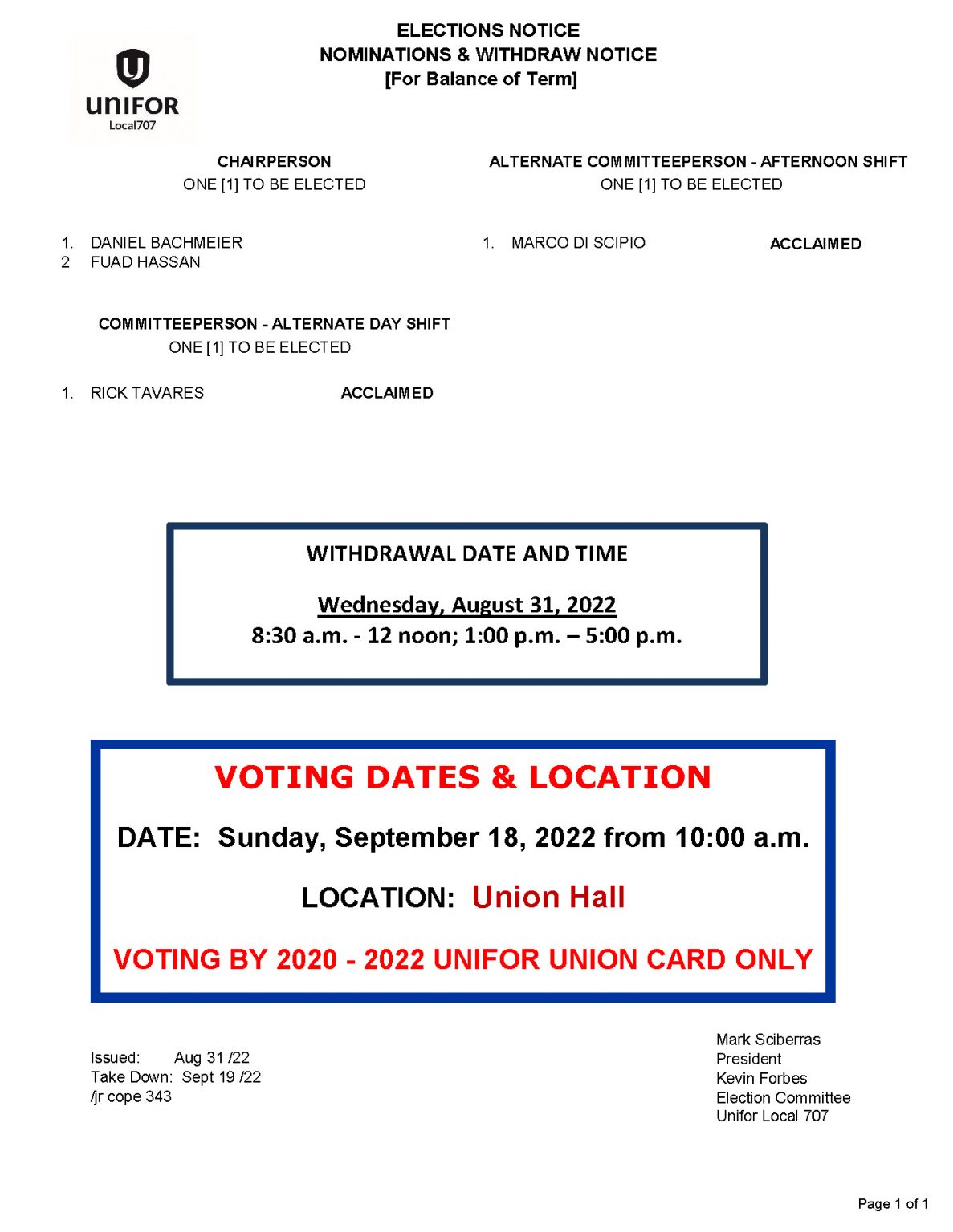 Election Nomination Notice-Leadec Unit – Unifor 707