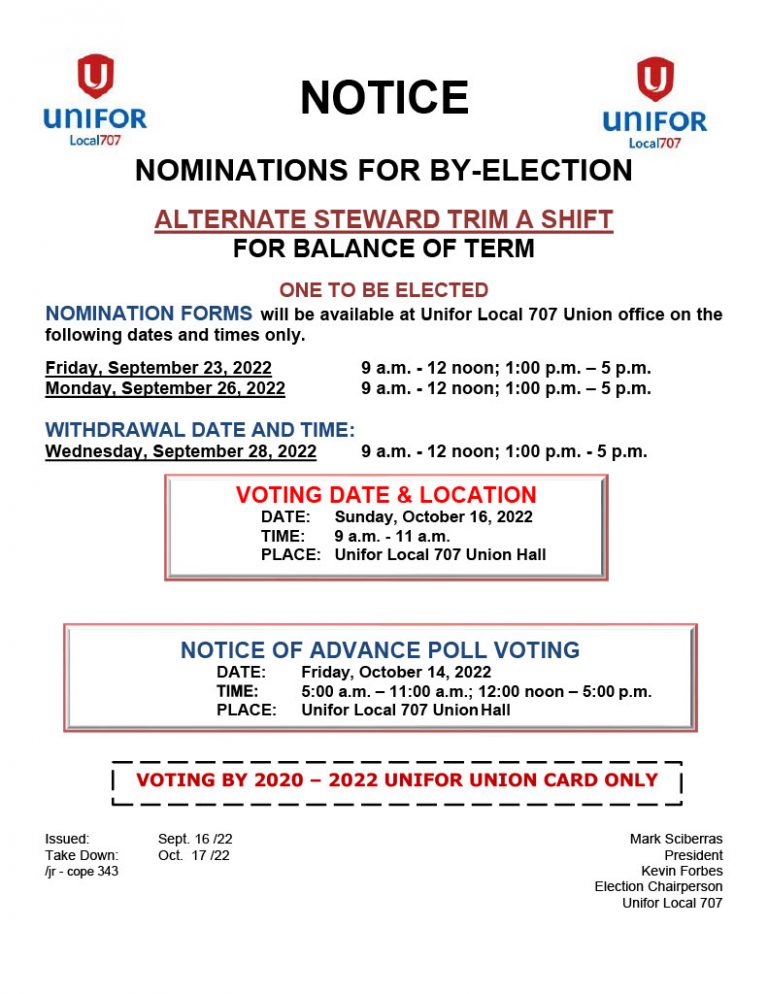 Notice of By-Election- Alternate Steward Trim A-shift – Unifor 707