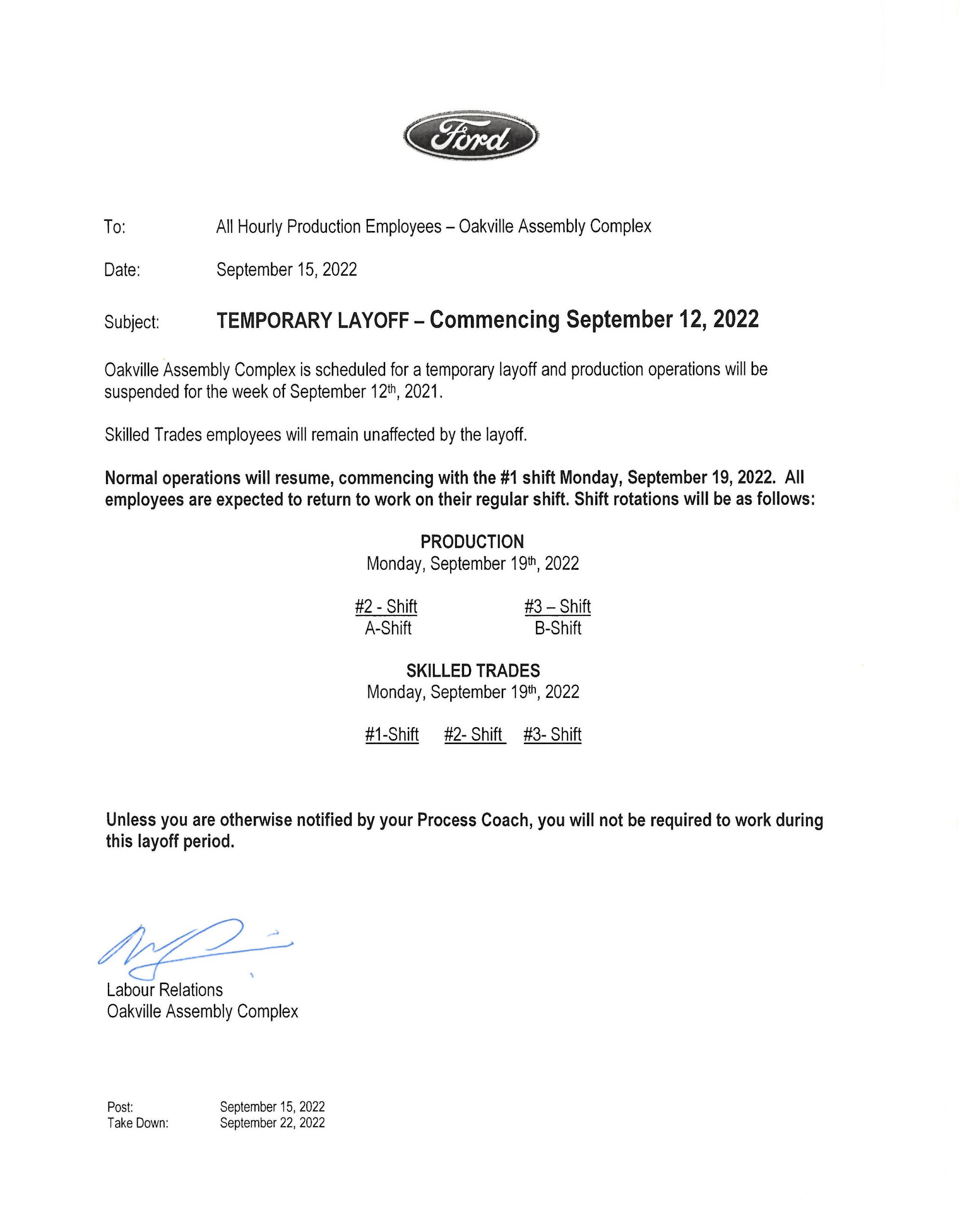 Company Notice of Lay-off -Production resumes Monday, September 19th ...