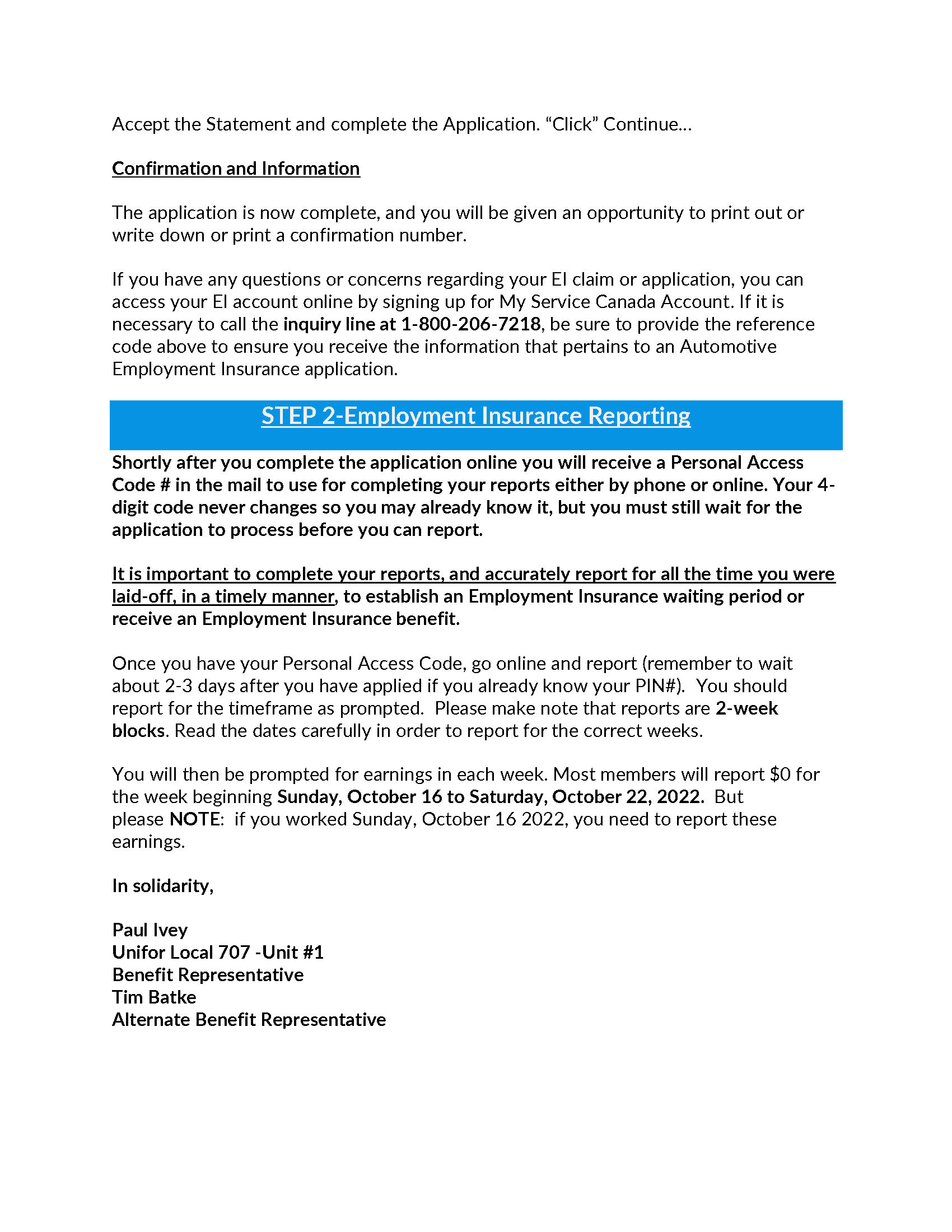 EI Reference Code for PP43 week of October 17 – Unifor 707