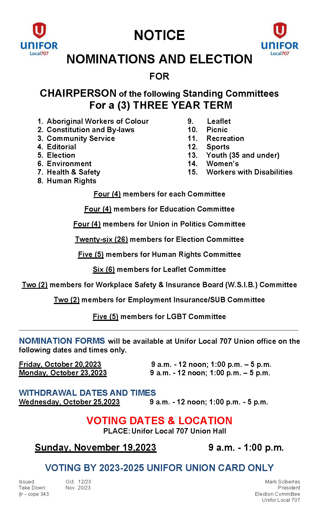 Standing Committee Notice of Nominations and Elections – Unifor 707