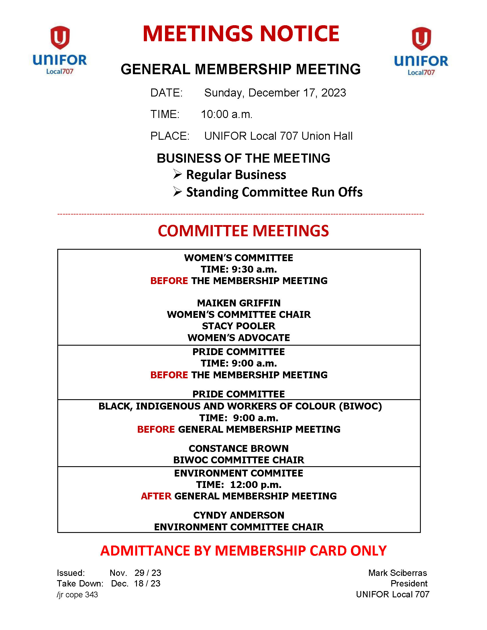 December Membership Meeting Notice – Unifor 707