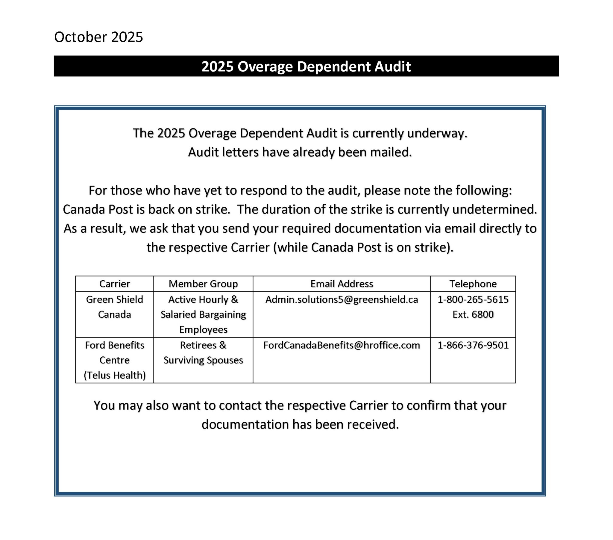 Responding to Over-age Dependent Audits- During Postal Strike – Unifor 707