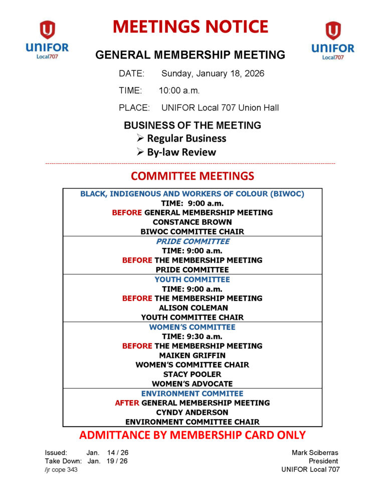 General Membership Meeting Notice- January 18th 2026 – Unifor 707